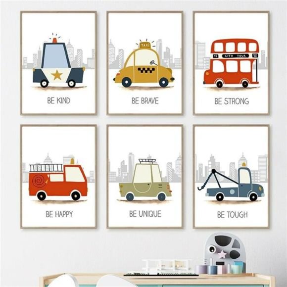 Art | Nursery Decor Kids City Vehicles Taxi Police Car Wall Art Set Of ...